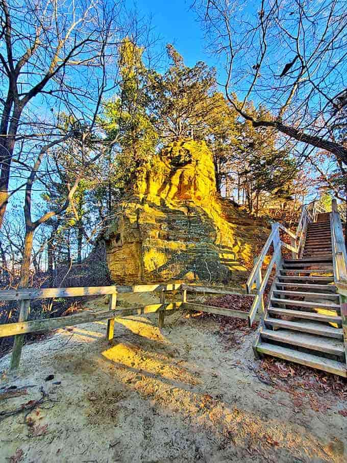 Sunlight bathes this magnificent sandstone formation at Starved Rock State Park, where 18 canyons offer hikers a geological wonderland unlike anywhere else in Illinois.