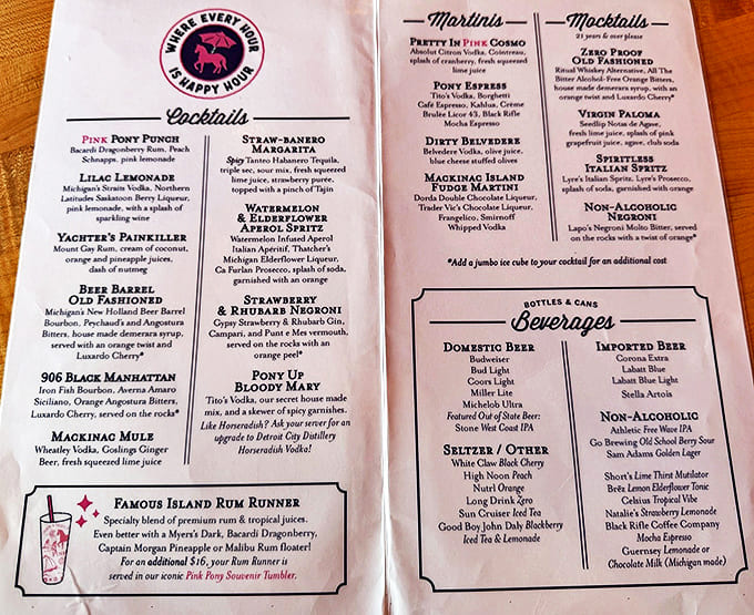 Decisions, decisions! The cocktail menu tempts with island-inspired concoctions like the Pink Pony Punch and Mackinac Island Fudge Martini.