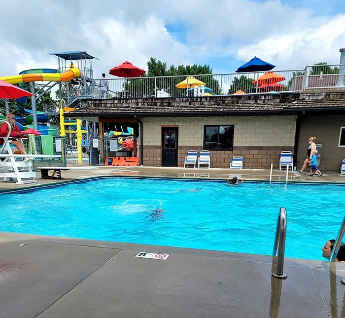 Classic swimming pool perfection where Marco Polo tournaments reach Olympic levels of intensity. Lounge chairs await parents pretending they're "just resting their eyes."