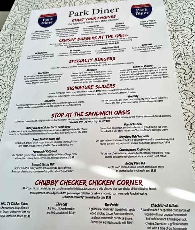 The menu reads like a roadmap to comfort food paradise, with sections cleverly named to enhance the retro driving theme.