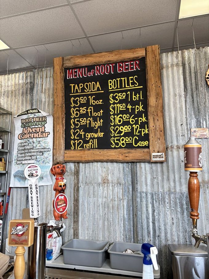 The menu board tempts visitors with flights, floats, and growlers &ndash; proving root beer deserves the same reverence as craft beer.
