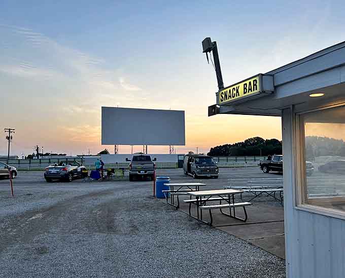 The humble "Snack Bar" sign promises simple pleasures &ndash; hot dogs, popcorn, and conversation between features.