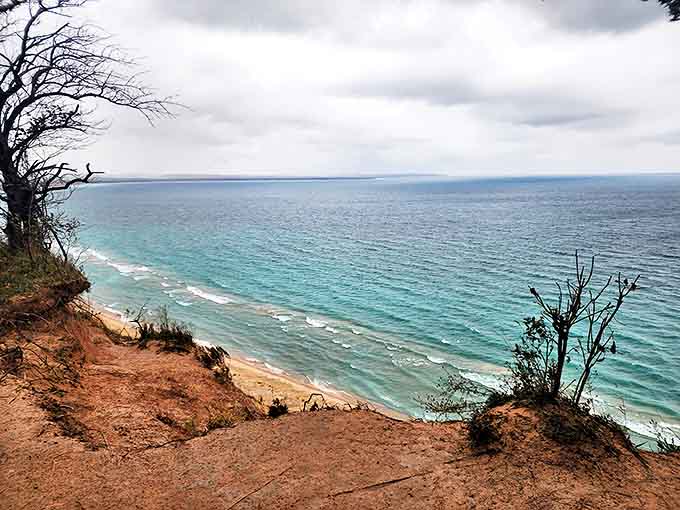 Lake Michigan reveals its Caribbean-worthy colors from this dramatic overlook, where the horizon seems to stretch into forever.