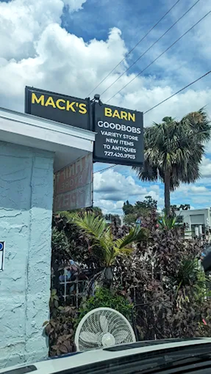 The iconic Mack's Barn sign against Florida's blue sky &ndash; a surprising tropical outpost of this beloved treasure-hunting destination.