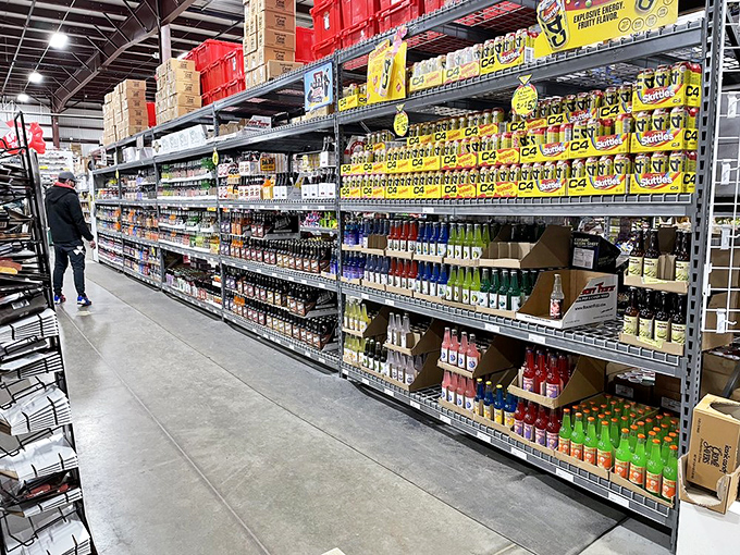 More soda varieties than you knew existed, proving that carbonated beverages are serious business and deserve this much shelf space.