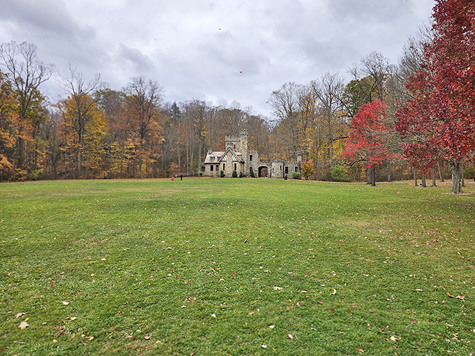 Squire's Castle emerges from the forest like a medieval mirage, its stone walls whispering tales of grand ambitions and Ohio's surprising architectural treasures.