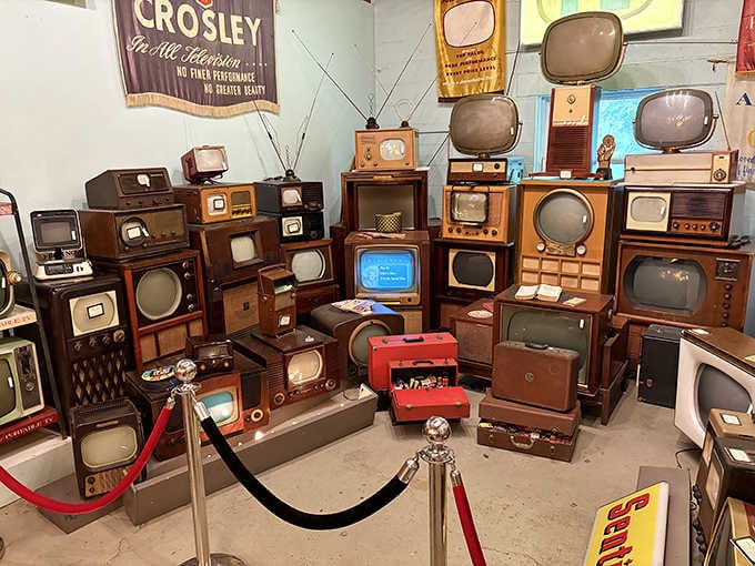 The TV graveyard where screens may be silent, but each set tells a story. From moon landings to "I Love Lucy," these were windows to worlds now preserved in vintage glory.