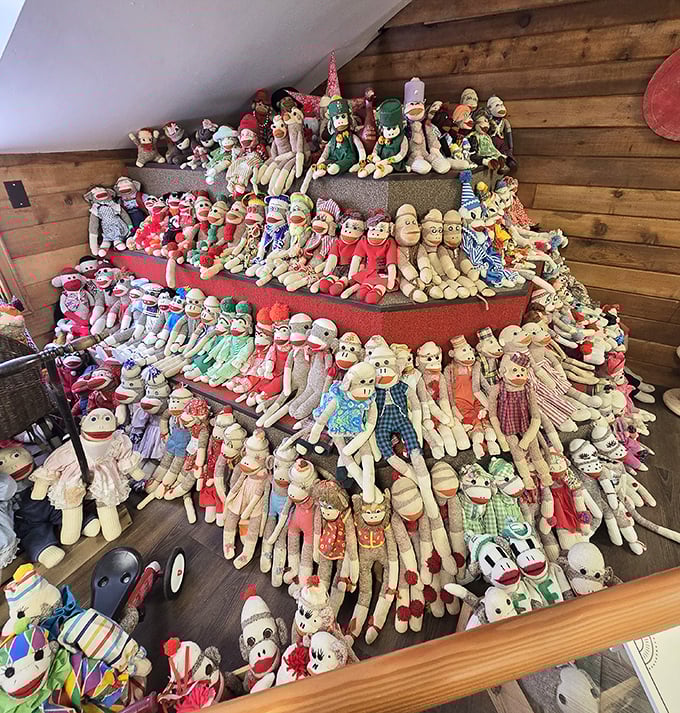 A rainbow of sock monkeys showcases the incredible variety of outfits and personalities these handcrafted toys can possess.