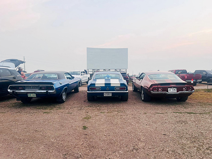 Muscle car enthusiasts find the Sky-Vu parking area doubles as an impromptu car show, with vintage beauties lined up for the feature presentation.
