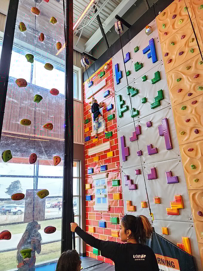 Colorful climbing walls challenge adventurers of all ages, with handholds that seem to taunt, "Bet you can't reach me!"