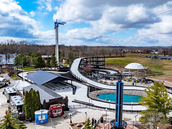The architectural marvel stands proud against the landscape, a testament to someone's brilliant refusal to accept that go-karts belong on flat ground.