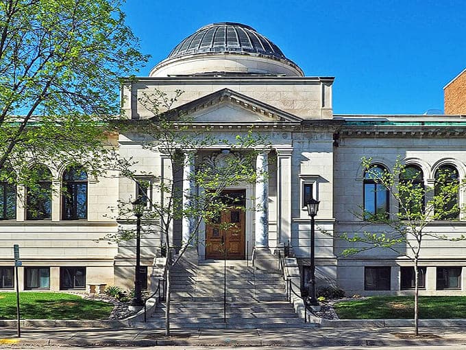 Winona Public Library stands as a temple to knowledge, its neoclassical dome and columns promising literary treasures within.