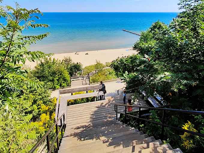 The iconic wooden staircase &ndash; 110 steps of anticipation leading down to lakeside bliss or nature's StairMaster, depending on direction.