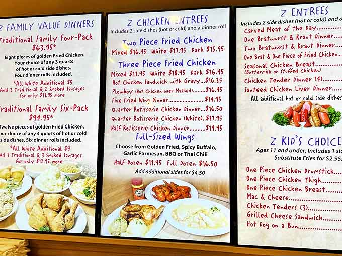 The menu board showcases Zehnder's famous offerings&mdash;where chicken reigns supreme and family-style dining turns strangers into friends over shared platters.