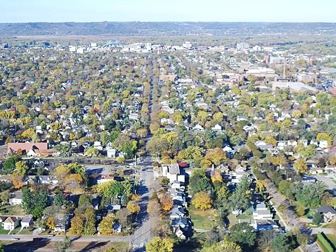 From above, the patchwork of neighborhoods reveals the heartbeat of river communities, where life moves to the rhythm of the Mississippi.