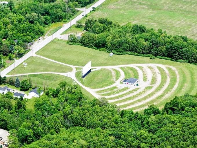 A bird's eye view reveals the perfect semicircle design &ndash; each parking spot offering an unobstructed view of silver screen magic.