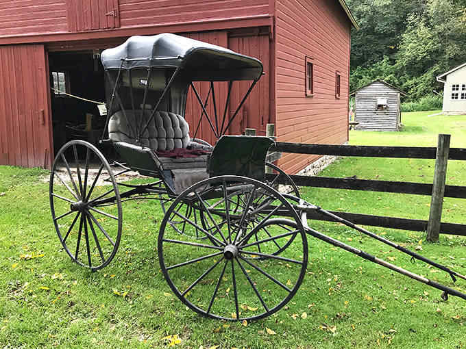 This elegant carriage reminds us that even luxury transportation once moved at four miles per hour and occasionally needed hay.