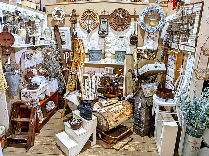 Discover a charming corner filled with unique rustic and vintage treasures, including snowshoes, metalware, and charming farmhouse decor for your home.