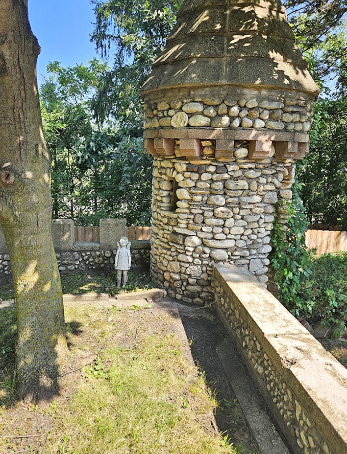 This charming stone turret might house a princess in fairy tales, but in Illinois, it's just another whimsical touch in a home that refuses to be ordinary.