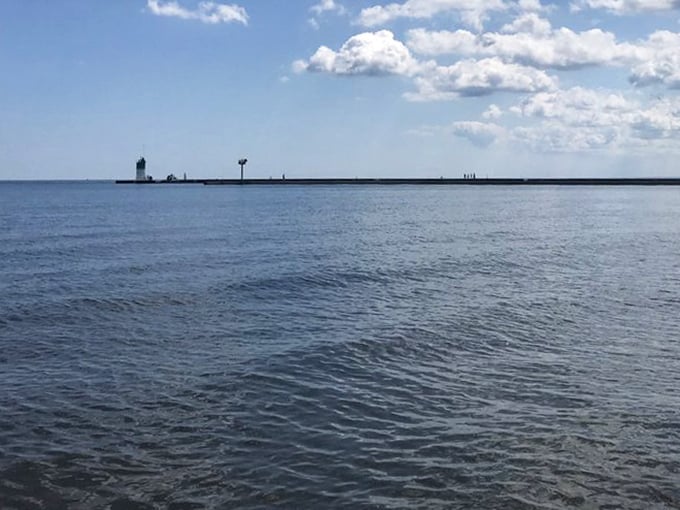 Even on cloudy days, Lake Michigan's vastness impresses, the horizon blurring where steel-blue water meets similarly-colored sky.