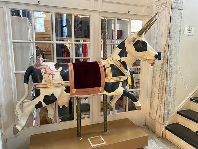 Not your average barnyard resident! This magnificent cow-unicorn hybrid showcases the fantastical imagination carousel carvers brought to even familiar animals.