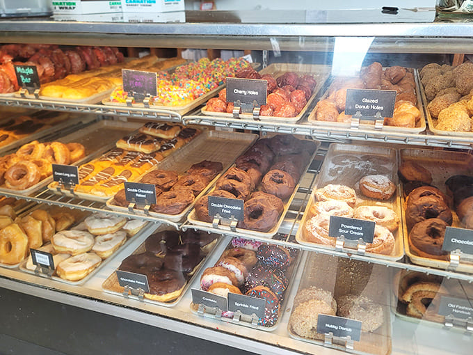 This is what happiness looks like when it's organized into neat rows: glazed, frosted, filled, and sprinkled donuts lined up like delicious soldiers ready for duty.