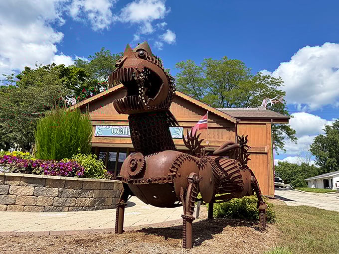 Not your average yard art! This metal dragon sculpture proves Mount Horeb's creativity extends beyond wooden trolls to fantastical metalwork monsters.