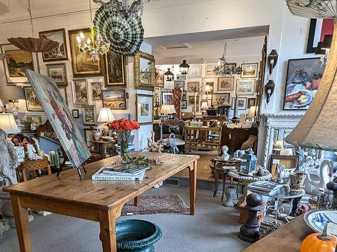 Wall-to-wall artwork creates a gallery effect where pastoral landscapes neighbor bold abstracts, each frame telling its own story.