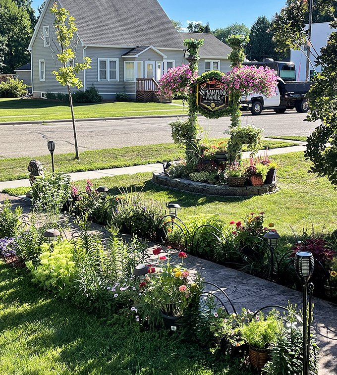 Gardens blend Victorian design with mechanical whimsy &ndash; those flowers might just start spinning gears when nobody's looking.
