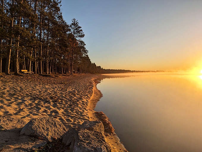 Nature's light show at golden hour transforms Higgins Lake into a mirror of amber and gold, making photographers weak at the knees.