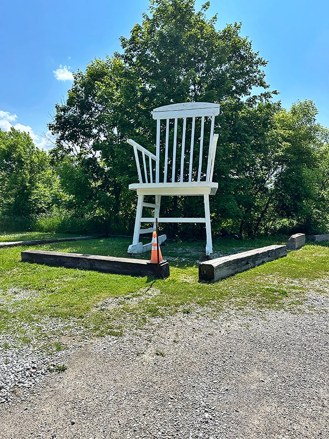 Surrounded by lush greenery, the chair stands in stark white contrast &ndash; nature's way of saying "Look what humans did here!"