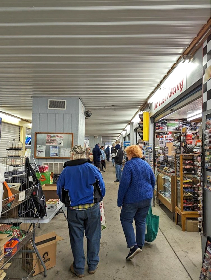 Indoor shopping corridors offer climate-controlled treasure hunting, where vintage collectibles and everyday necessities sit side by side on packed shelves.