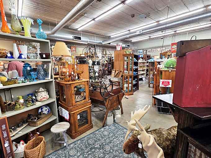 Every aisle tells a different story as vintage furniture, glassware, and collectibles create a maze of nostalgia and possibility.