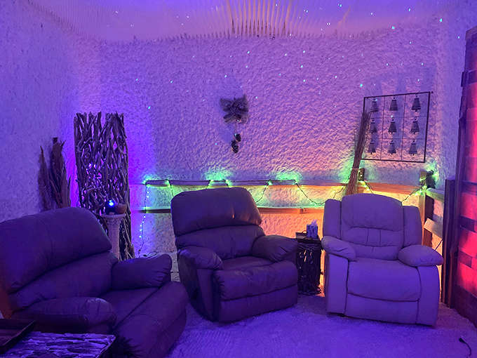 Bathed in soothing purple light, the salt room creates an otherworldly atmosphere where stress doesn't stand a chance against those glowing walls.