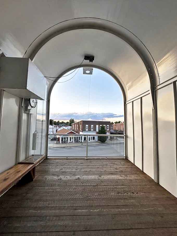 Step inside postal paradise! The mailbox's interior viewing area offers a unique perspective on Casey, framing the town through an oversized mail slot.