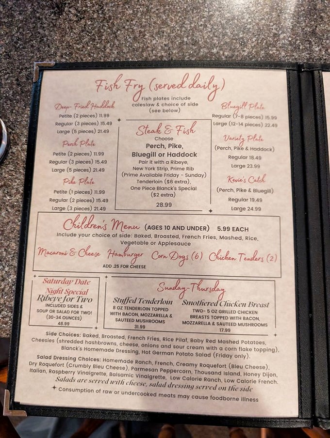 The menu reveals treasures like fish fry options featuring perch, pike, and bluegill, served with classic sides that have satisfied hungry patrons for decades.