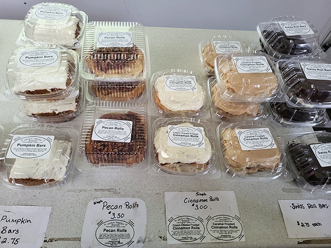 Sweet temptations in clear containers &ndash; pumpkin bars and pecan rolls that aren't just desserts, they're edible happiness.