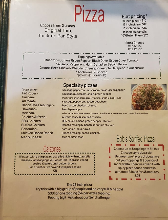 The menu offers everything from classic pies to specialty creations, with three crust options that spark friendly debates among loyal customers.