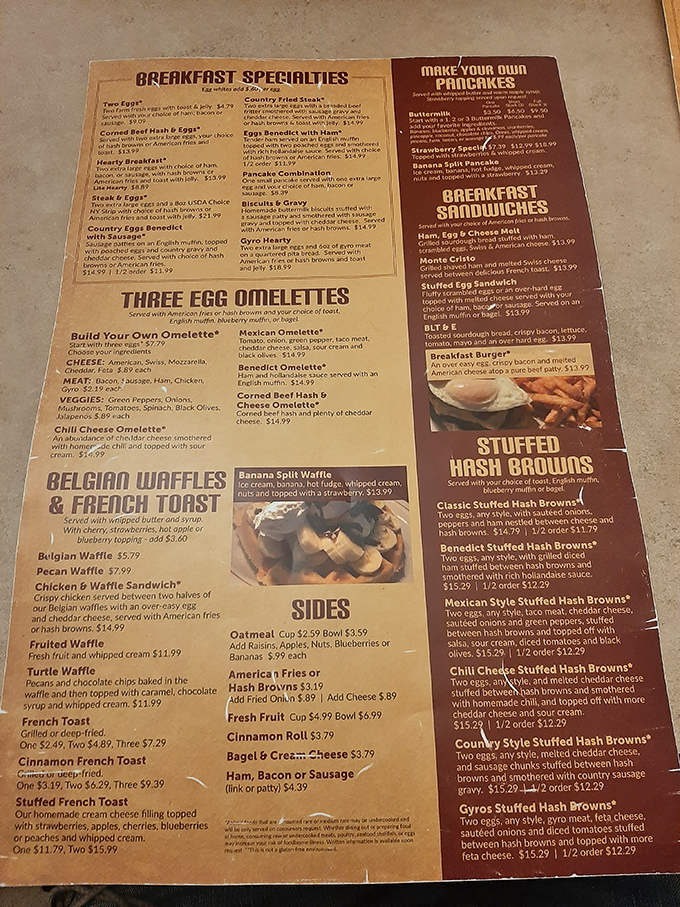The menu reveals a treasure map of breakfast possibilities &ndash; from three-egg omelets to Belgian waffles that demand exploration.