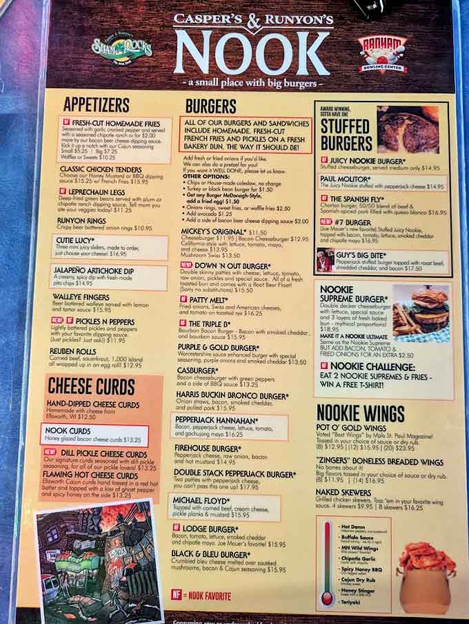 The menu reads like a love letter to comfort food, featuring stuffed burgers that have achieved cult status among Twin Cities food enthusiasts.