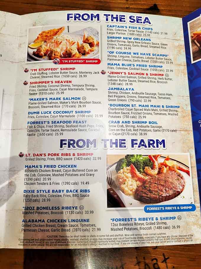 The menu reads like Bubba's famous shrimp monologue come to life, with seafood options that would make Lieutenant Dan invest his fruit company money.