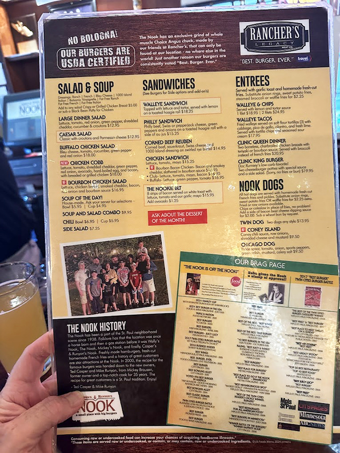 The menu proudly declares "NO BOLOGNA!" - just USDA certified burgers with an exclusive grind from Rancher's Legacy.