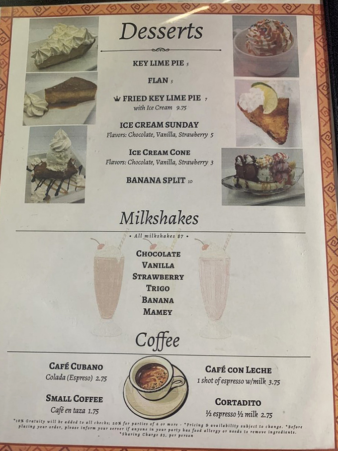 Sweet temptations await on the dessert menu, where Key lime pie reigns supreme alongside Cuban-influenced treats and classic milkshakes.