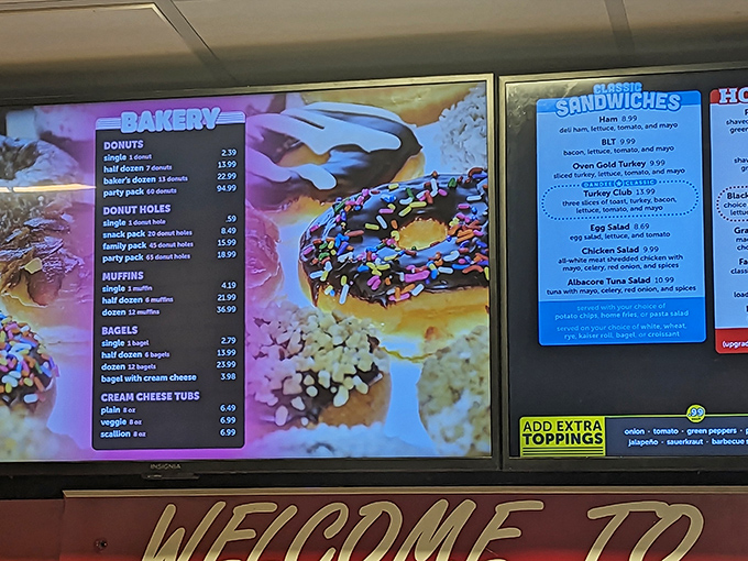 The menu board tempts with possibilities – from classic donuts to those legendary pork roll sandwiches that keep locals coming back.