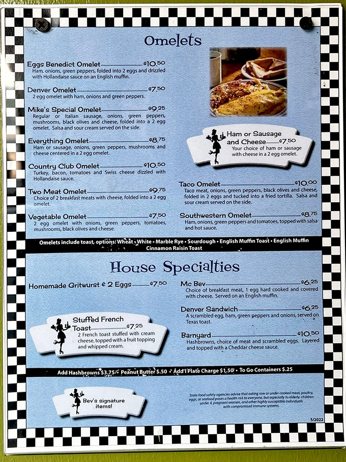 Bev's menu reads like a love letter to American diner classics, with omelets that could make a chicken proud.
