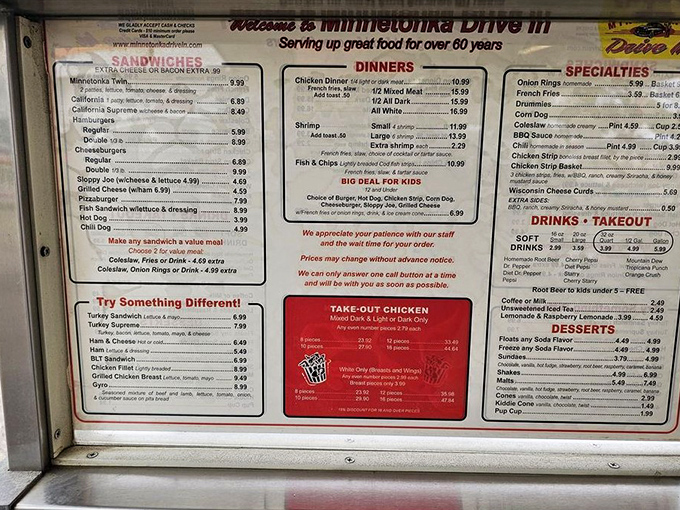 The menu board showcases American classics without pretension &ndash; burgers, hot dogs, and shakes that have satisfied cravings for decades.