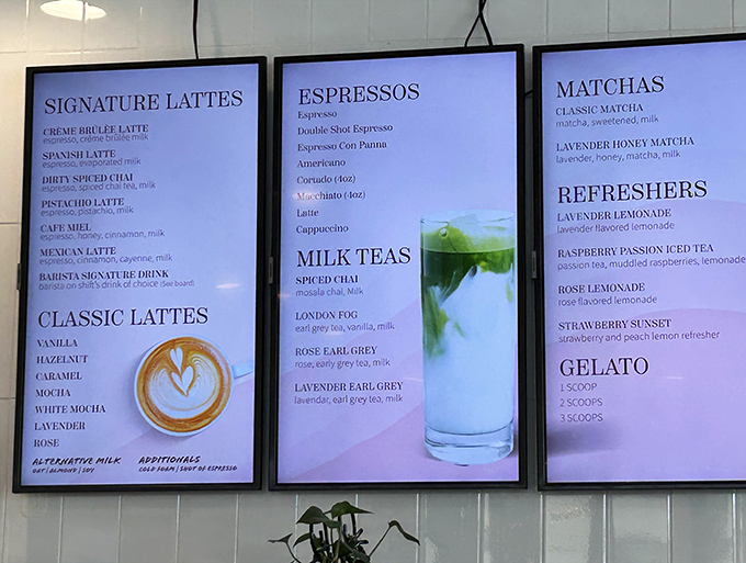 The menu board reads like a love letter to coffee connoisseurs and tea enthusiasts, with signature lattes that deserve their own fan club.