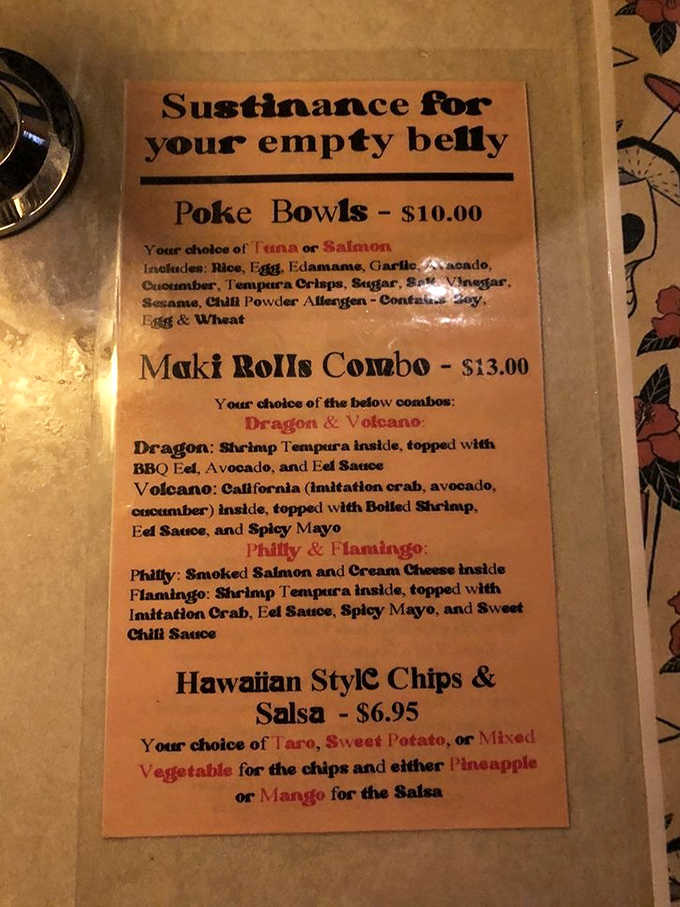 The menu reads like a tropical treasure map &ndash; poke bowls, maki roll combos, and Hawaiian chips promising to satisfy any island-inspired cravings.