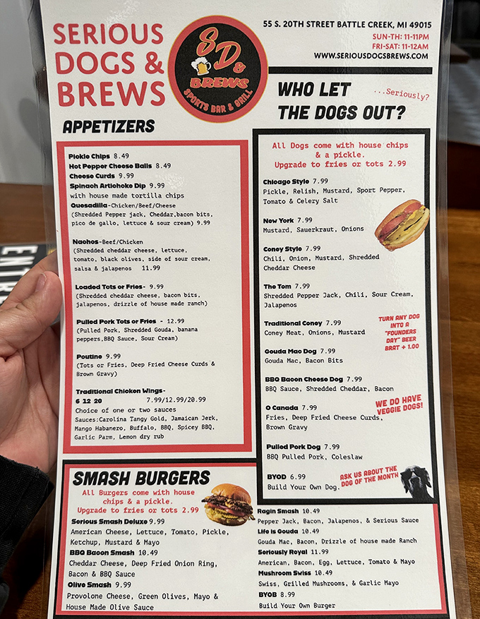 The menu at Serious Dogs & Brews reads like a love letter to encased meats, with options ranging from Chicago Style to the adventurous "O Canada."