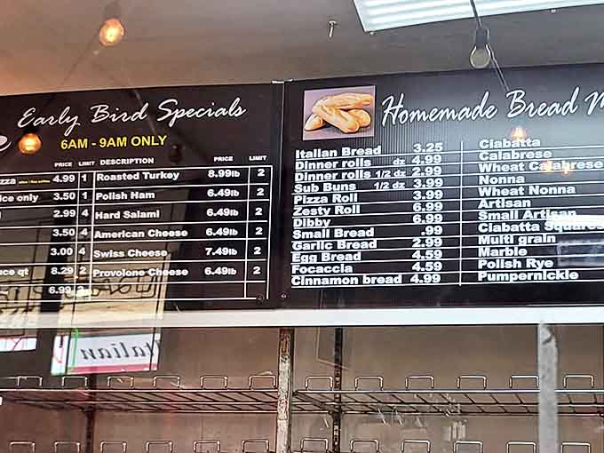 Early birds catch the best deals! The menu board showcases morning specials and an impressive lineup of homemade breads that would make any nonna proud.